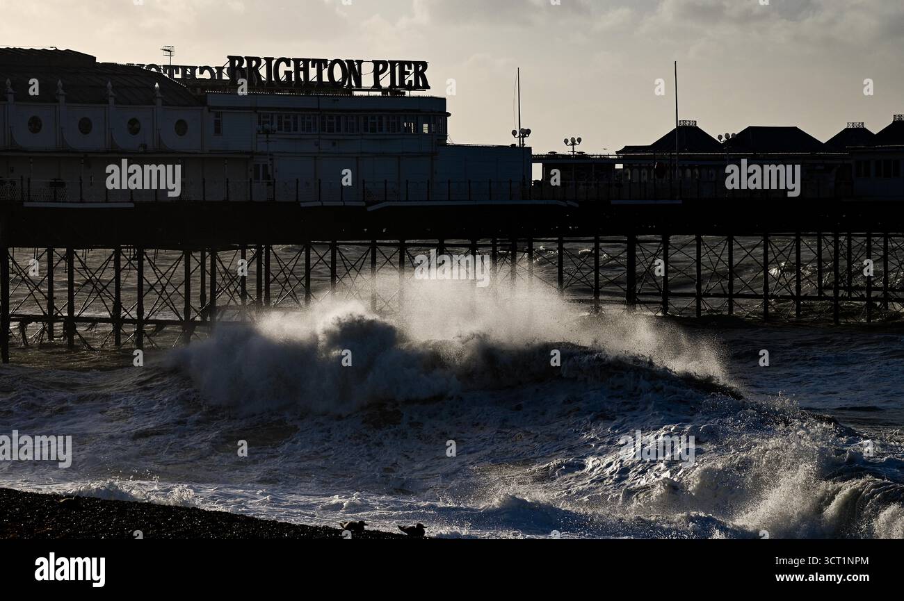 Brighton UK 4th October 2025 - Huge waves roll in by Brighton Palace ...