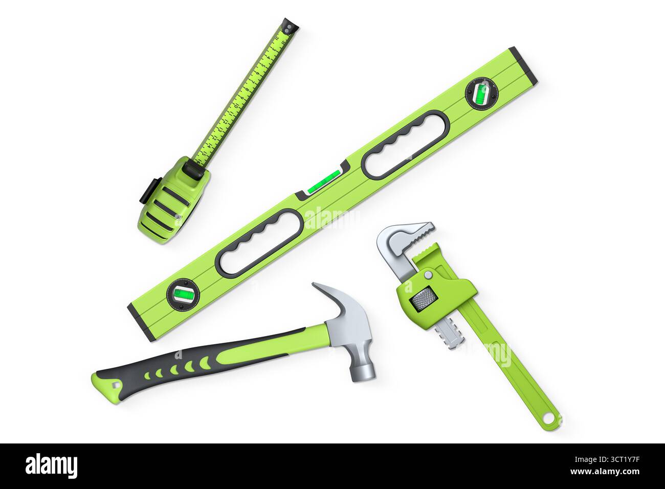 Construction tools like hammer, wrench, level, and tape measure ...