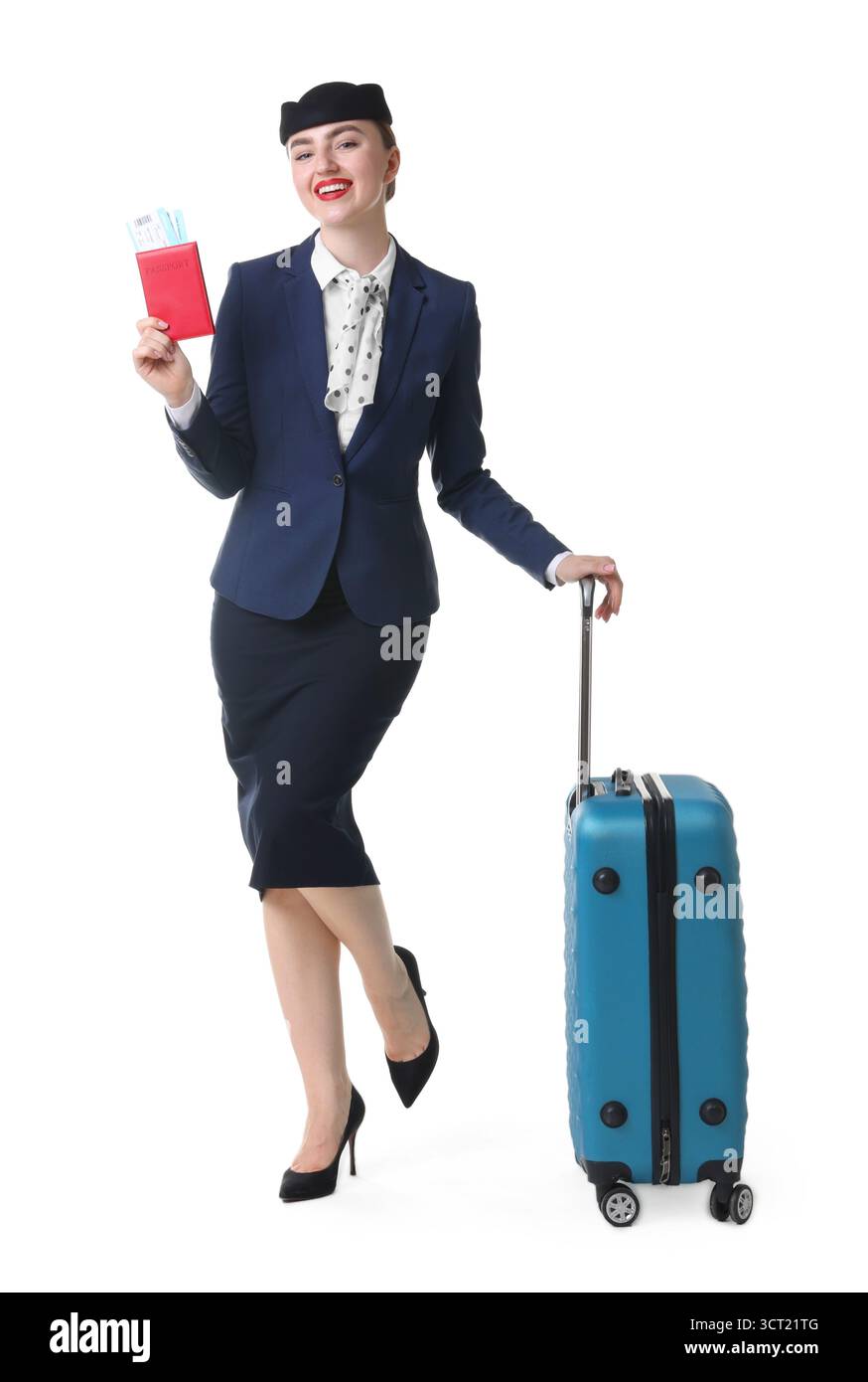Positive stewardess with suitcase, passport and tickets on white ...