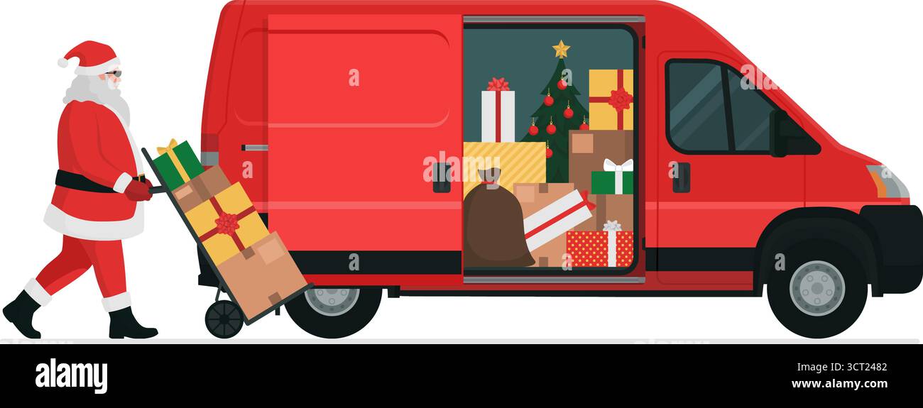 Santa Claus loading a van and delivering Christmas gifts, isolated on ...