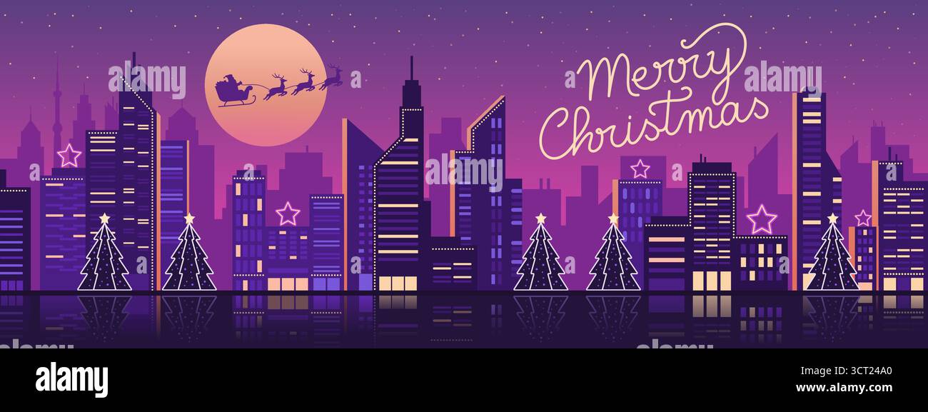 Futuristic vaporwave Christmas background with city skyline and Santa ...