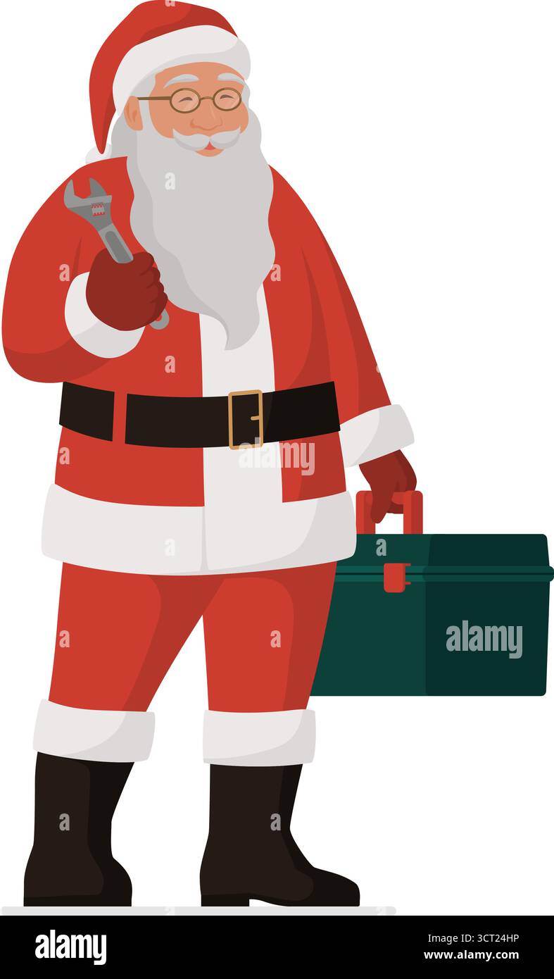 Confident worker Santa Claus holding a tool and a toolbox, professional ...