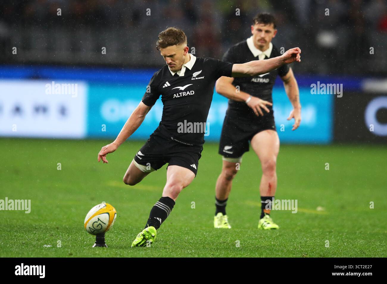 New Zealand's Damian McKenzie kicks a penalty during the Bledisloe Cup ...