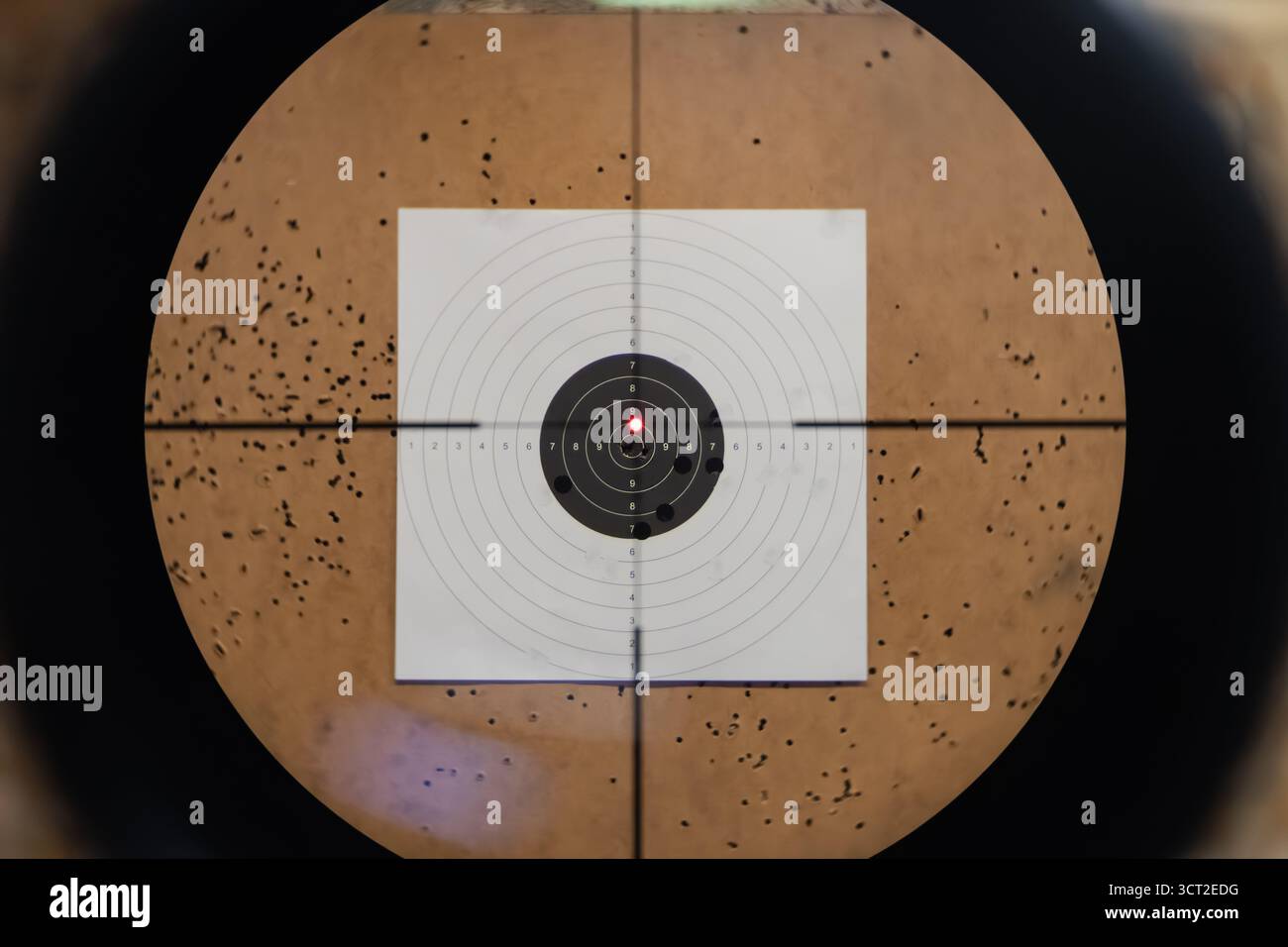A first-person view through a rifle scope with a red dot sight aimed at ...