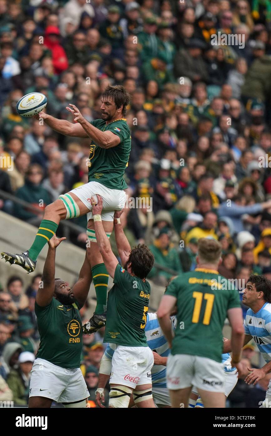 South Africa's Eben Etzebeth, top, palms the ball down in a line out during the Rugby ...