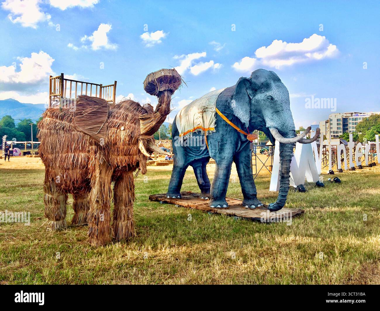 Straw mammoth and painted elephant sculptures on display in Chiang Mai ...