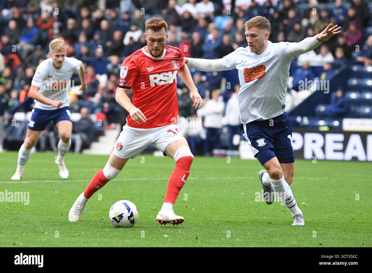 Preston, England. 4th Oct 2025. Sonny Carey and Lewis Gibson during the ...