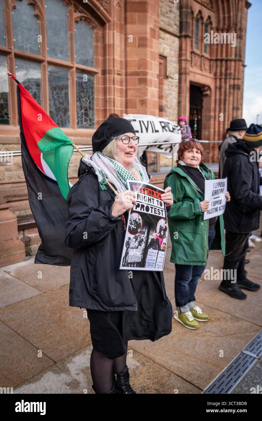 Derry, Northern Ireland. 4 October 2025. Protesters gather in Guildhall ...