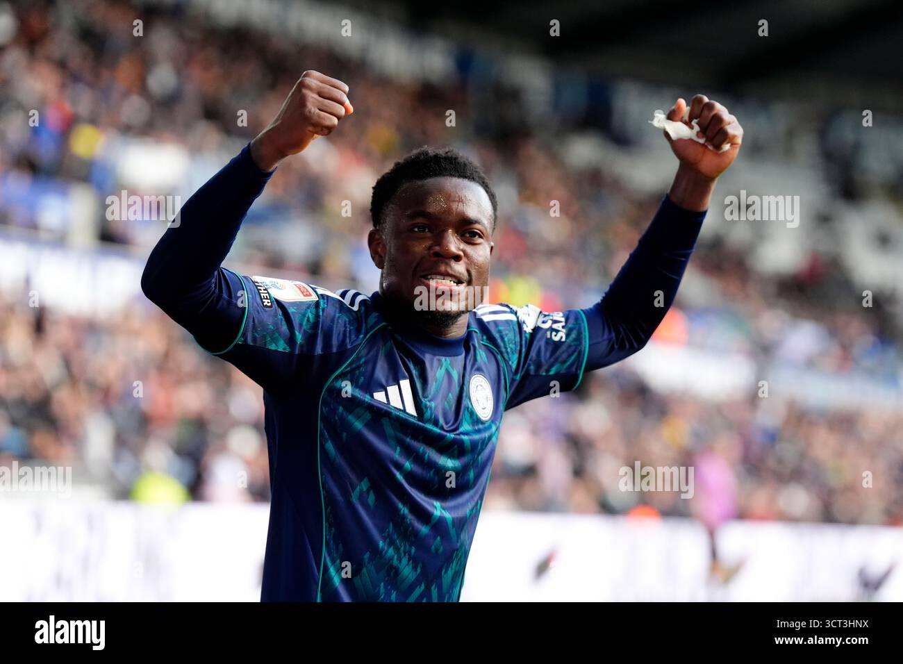 Leicester City's Abdul Fatawu gestures to the fans after being ...