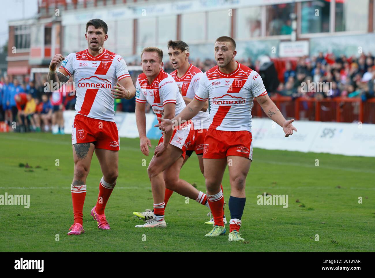 Hull KR's Mikey Lewis appeals to the referee is tackled during the ...