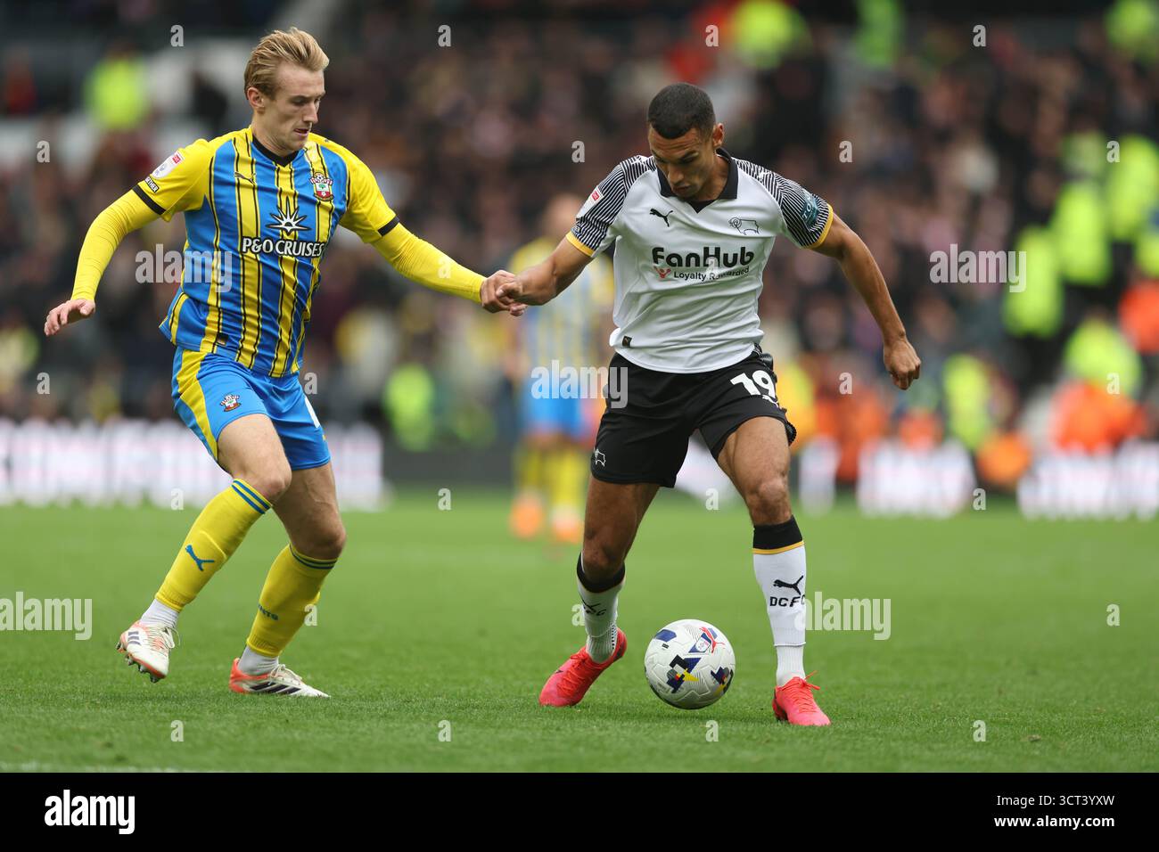 Derby County's Kayden Jackson (right) and Southampton's Flynn Downes ...