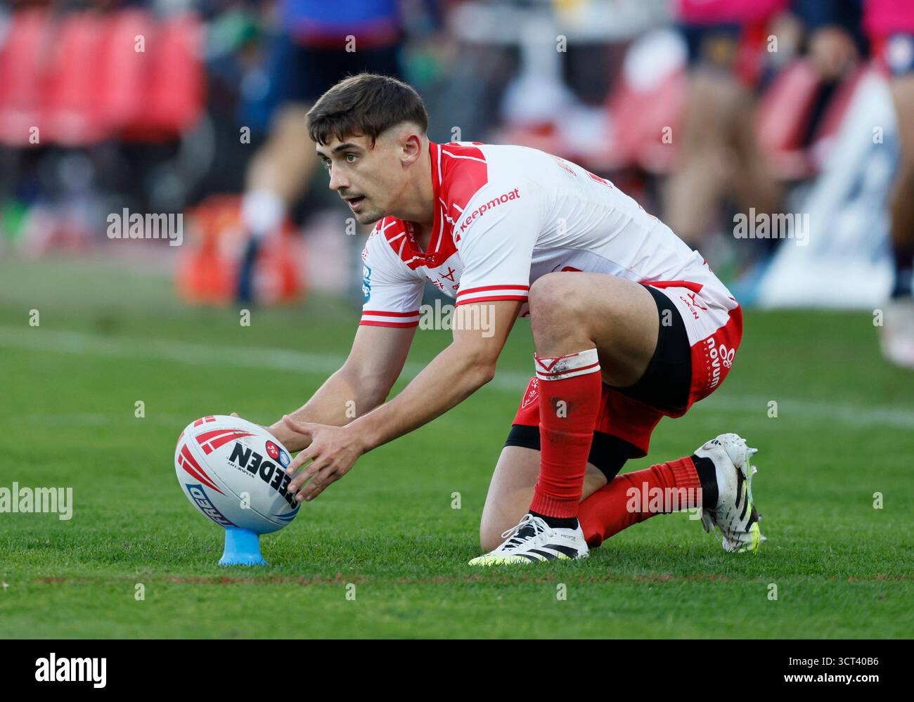 Hull KR's Arthur Mourgue lines up a penalty kick during the Grand Final ...