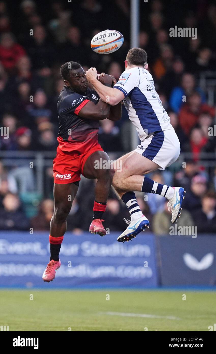 Saracens' Rotimi Segun and Bristol Bears' Josh Carrington in action ...