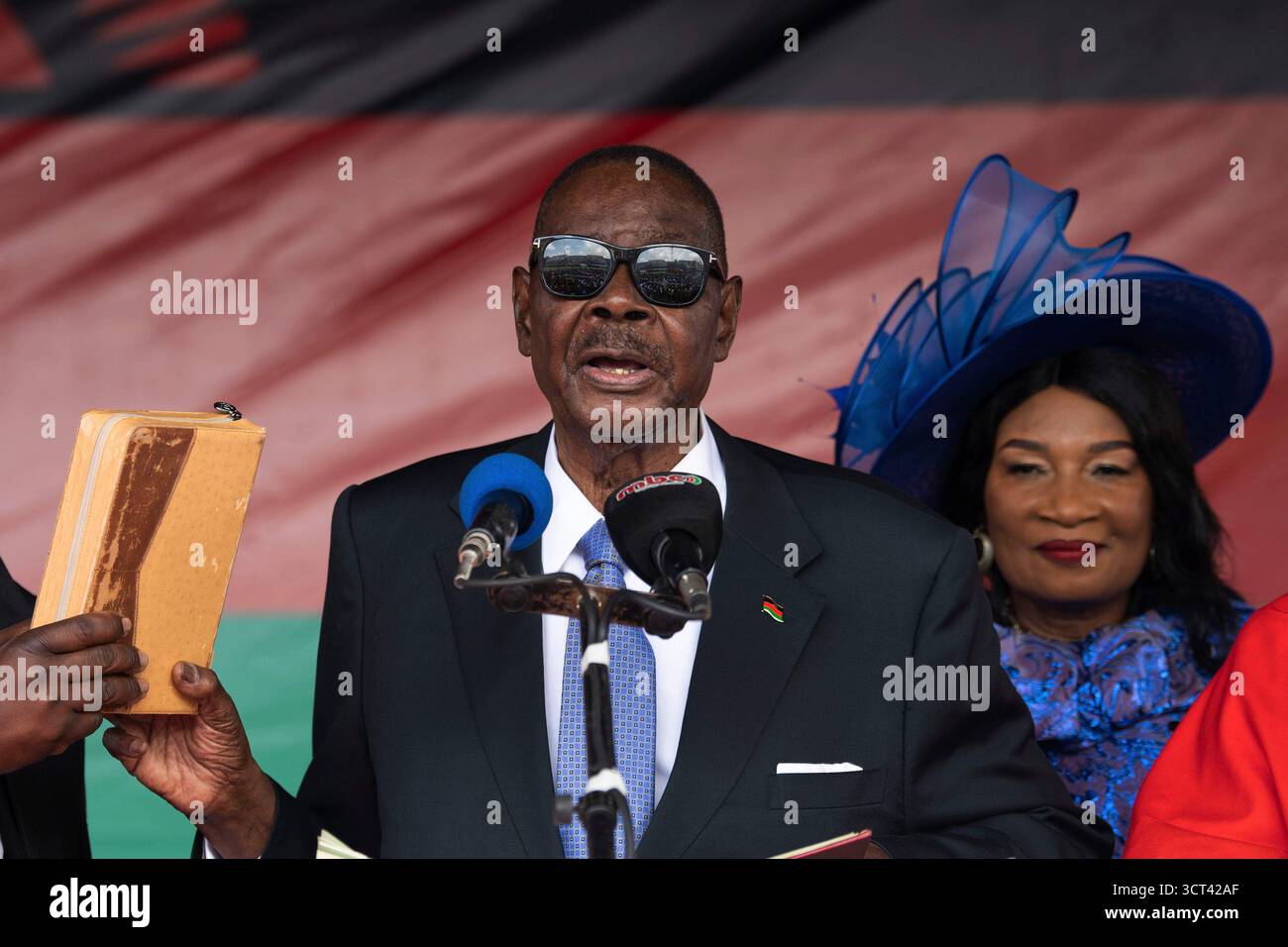 Malawi's President Peter Mutharika is sworn during his inauguration ...