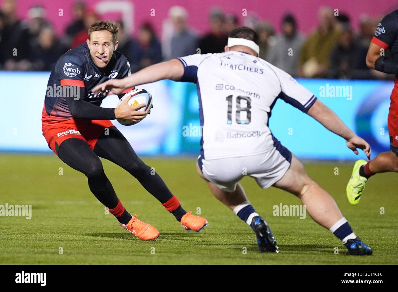 Saracens' Max Malins and Bristol Bears' George Kloska during the ...