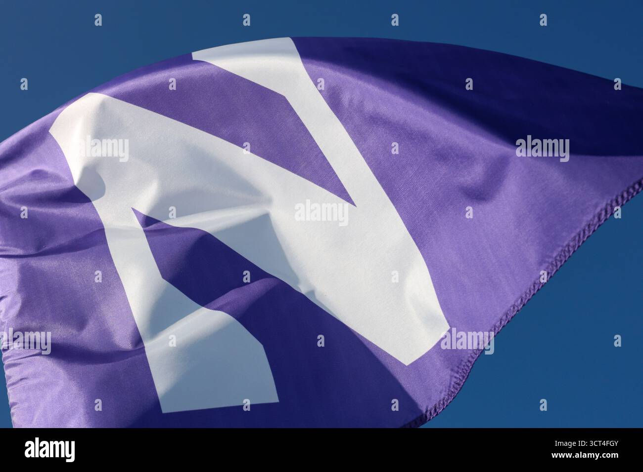 EVANSTON, ILLINOIS - OCTOBER 4: A purple Northwestern Wildcats flag ...