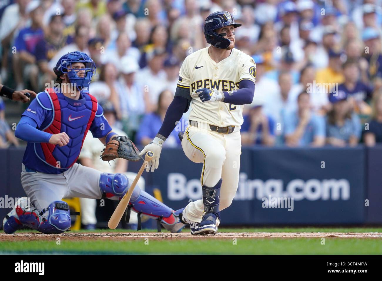 Milwaukee Brewers' Brice Turang (2) hits an RBI double as Chicago Cubs ...