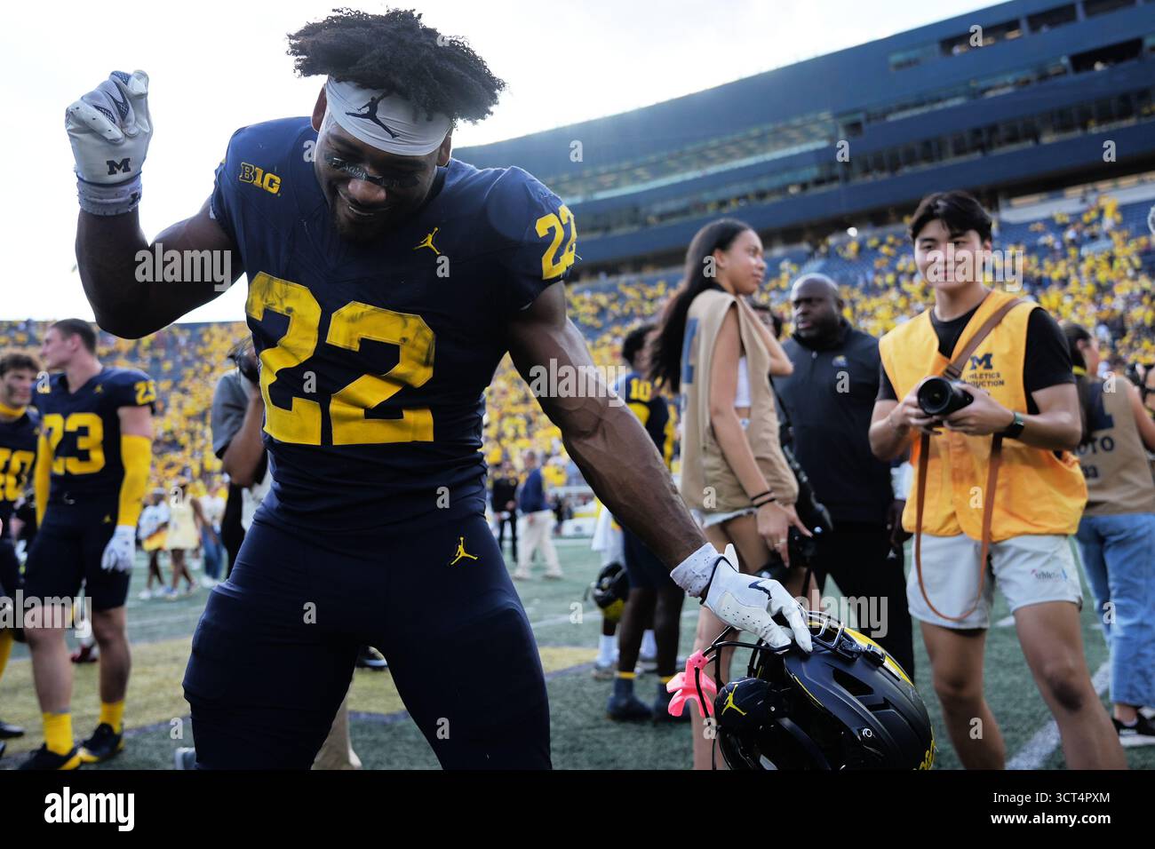 Michigan running back Justice Haynes celebrates after the team's win in ...
