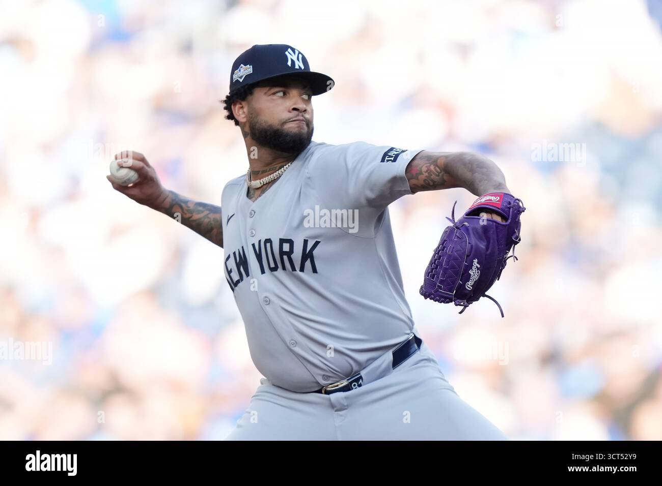 New York Yankees starting pitcher Luis Gil (81) delivers a pitch to the ...