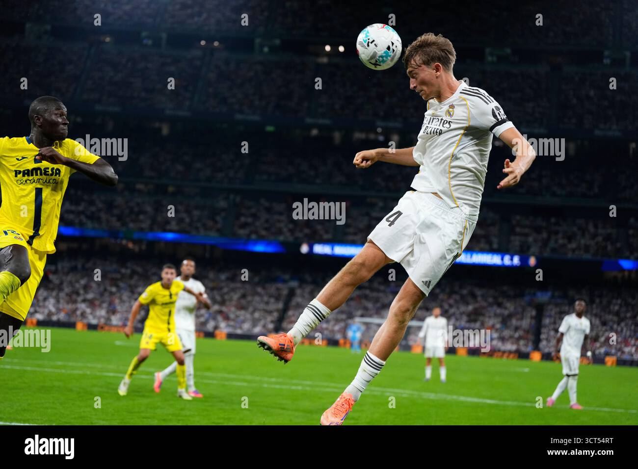 Real Madrid's Brahim Diaz heads the ball during the Spanish La Liga ...