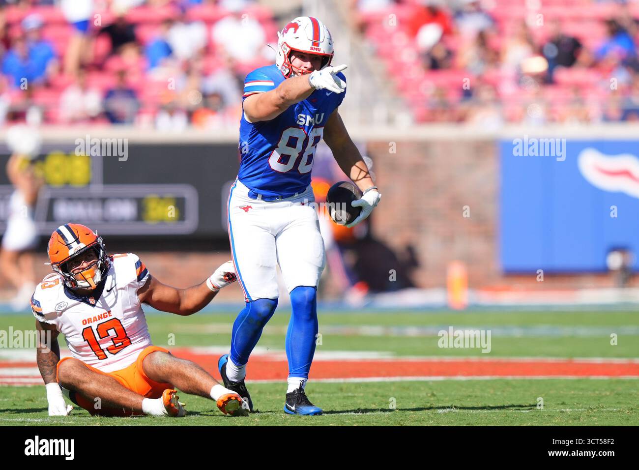 SMU tight end Matthew Hibner (88) reacts after reaching a first down ...