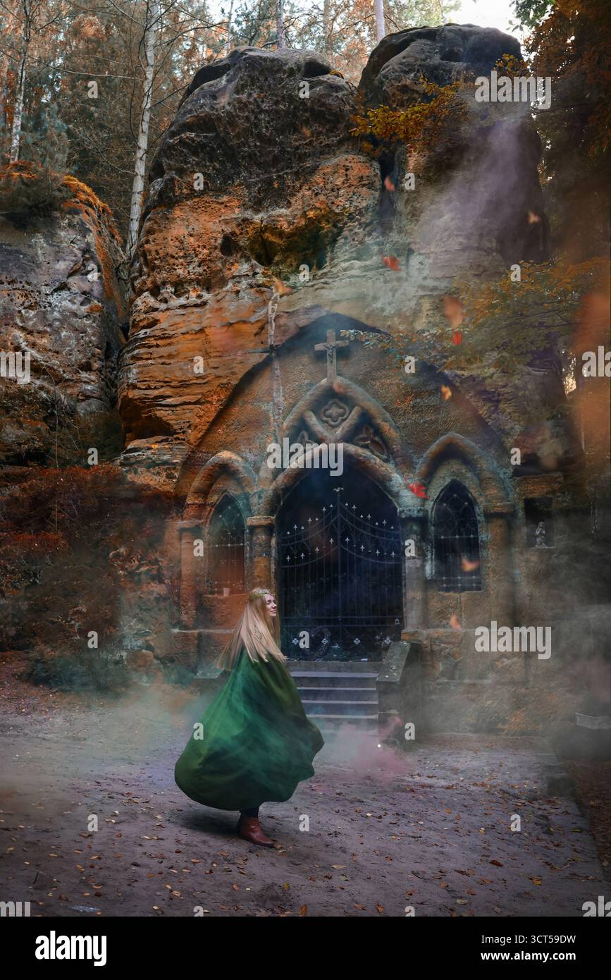 Medieval fantasy mood, cloaked traveler approaches ancient gothic stone ...