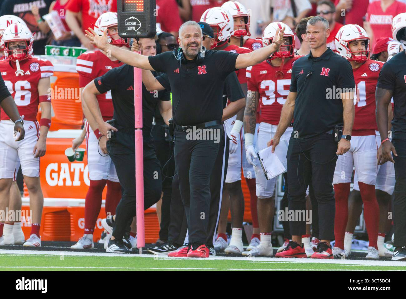 Nebraska head coach Matt Rhule, center, reacts to a call during the ...