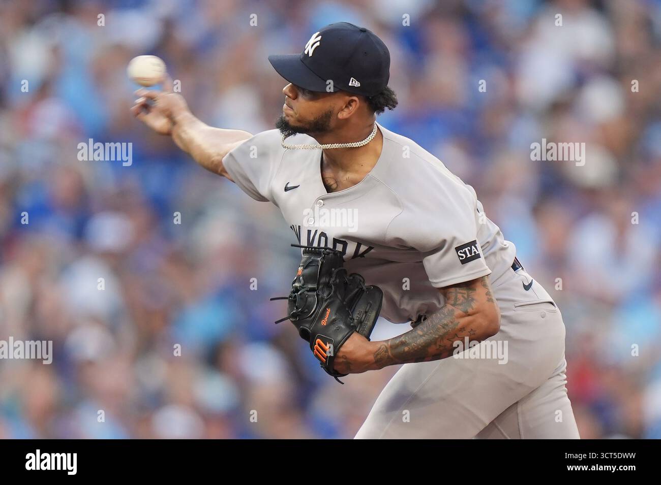 New York Yankees pitcher Camilo Doval (75) delivers a pitch during the fifth inning of game 1 in ...
