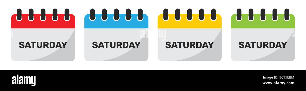 Saturday calendar icon set in red, blue, yellow and green. Set of flat ...