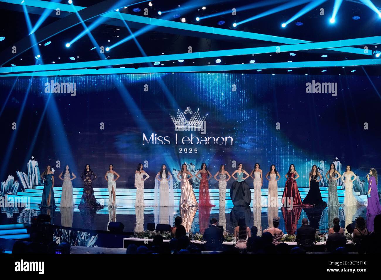 Contestants of Miss Lebanon 2025 stand on stage in Zouk Mosbeh, north ...