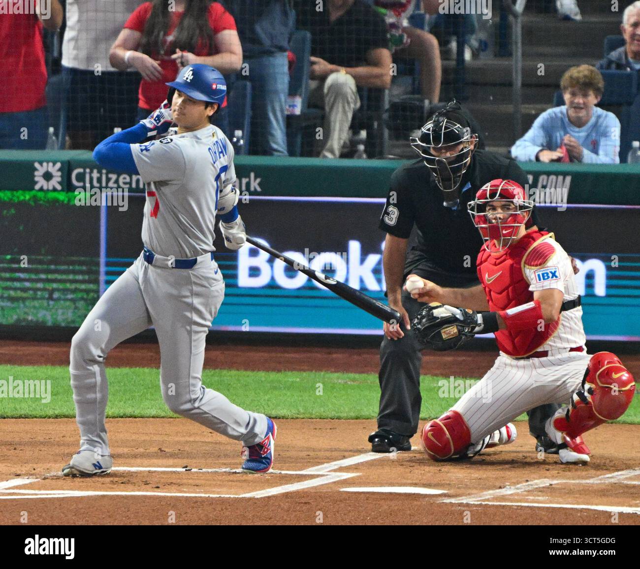 Shohei Ohtani of Los Angeles strikes out in the top of the first inning ...