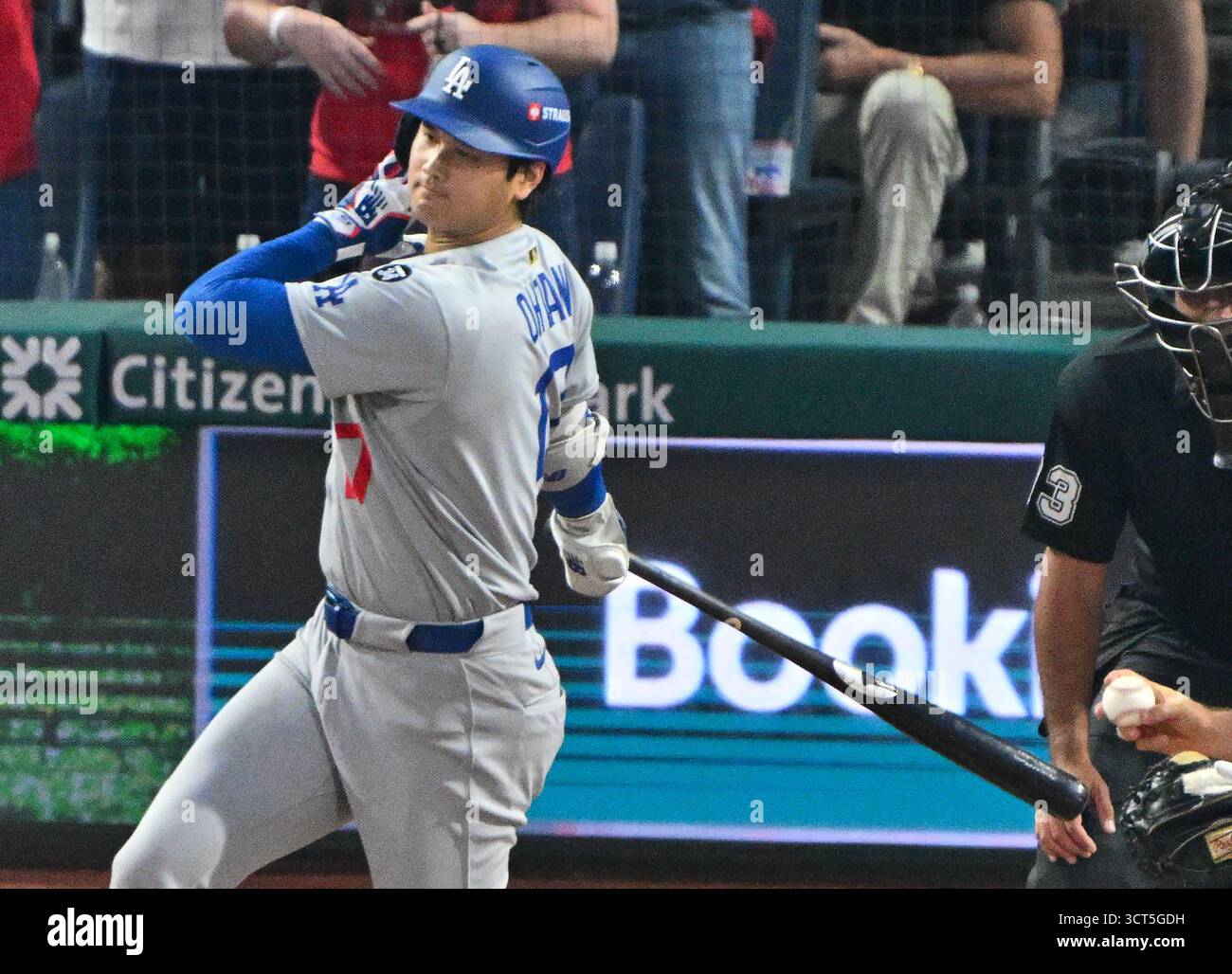 Shohei Ohtani of Los Angeles strikes out in the top of the first inning ...