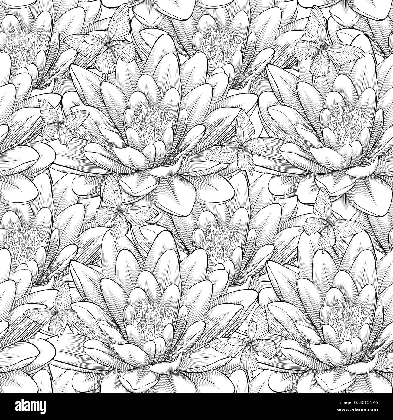 Beautiful monochrome, black and white seamless pattern with lotus ...