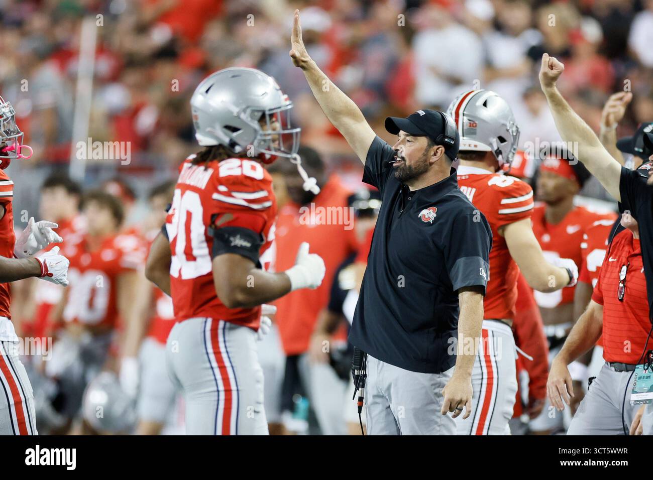 Ohio State head coach Ryan Day signals to his team against Minnesota ...