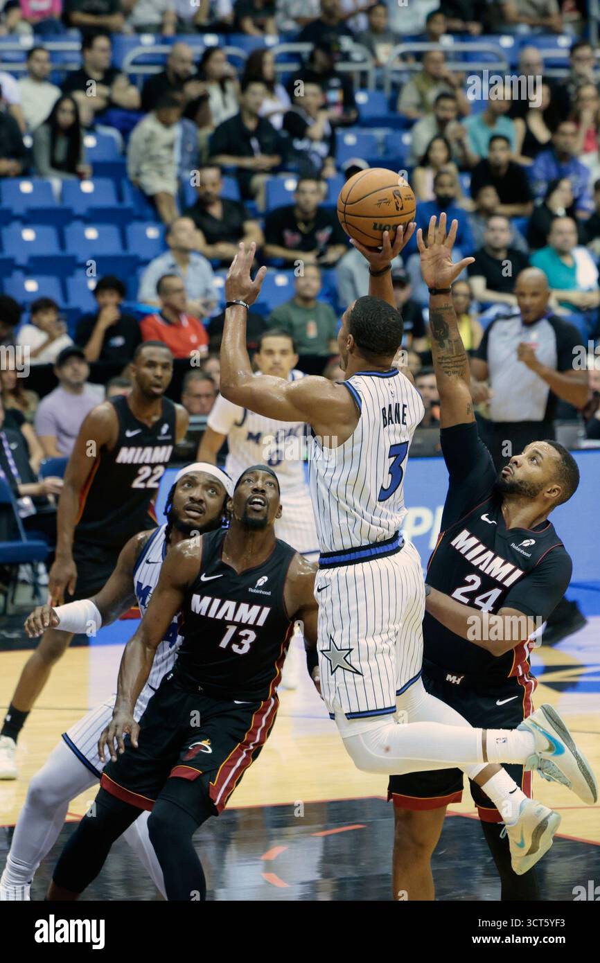 Orlando Magic guard Desmond Bane (3) shoots over Miami Heat Bam Adebayo ...