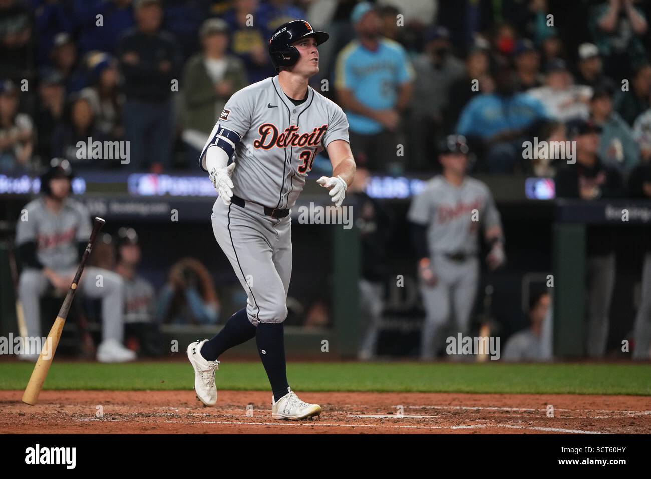 Detroit Tigers' Kerry Carpenter watches the ball after hitting a two ...