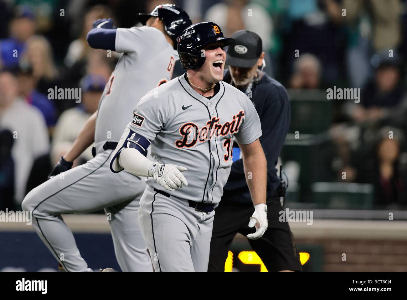 Detroit Tigers' Kerry Carpenter reacts after hitting a two-run home run ...
