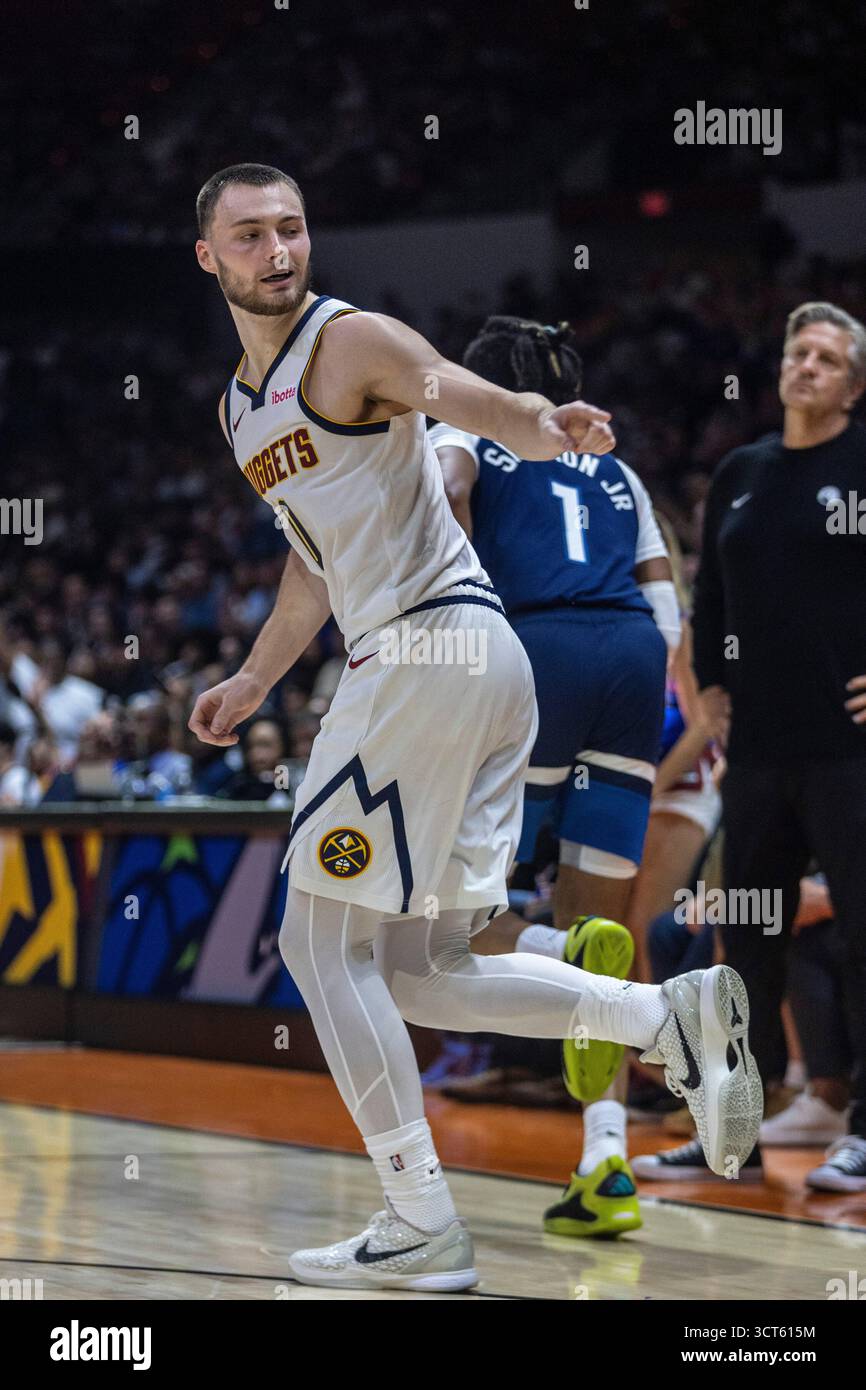 Denver Nuggets guard Christian Braun points to the Minnesota ...