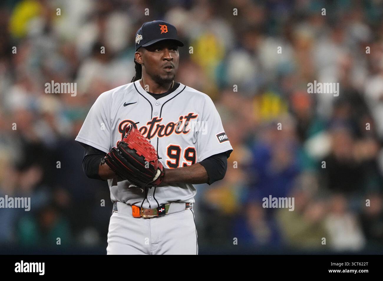 Detroit Tigers pitcher Rafael Montero reacts after giving up a single ...