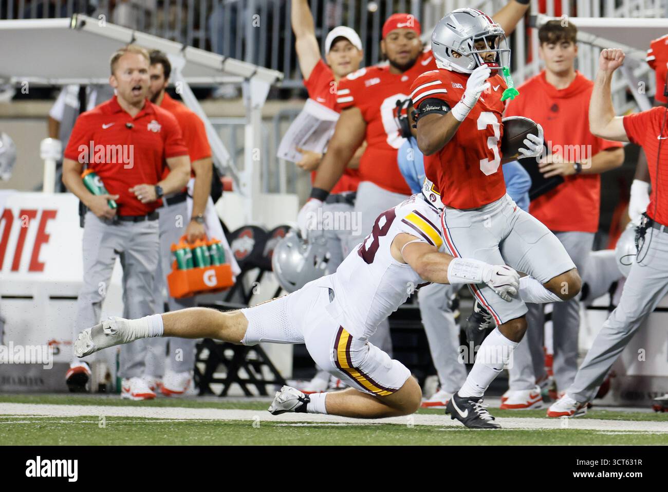 Minnesota linebacker Mason Carrier, front left, forces Ohio State ...