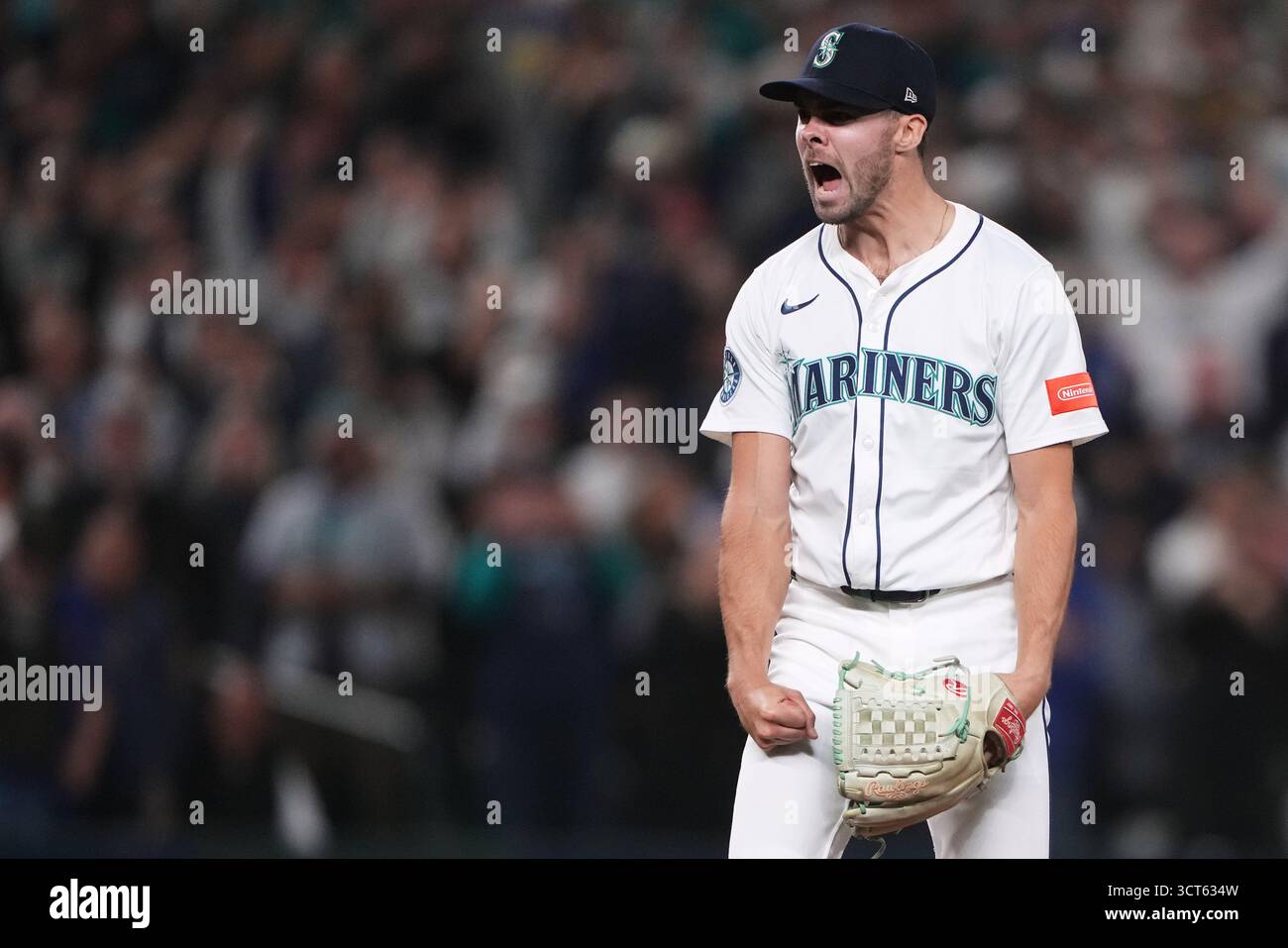 Seattle Mariners pitcher Matt Brash reacts after striking out Detroit ...