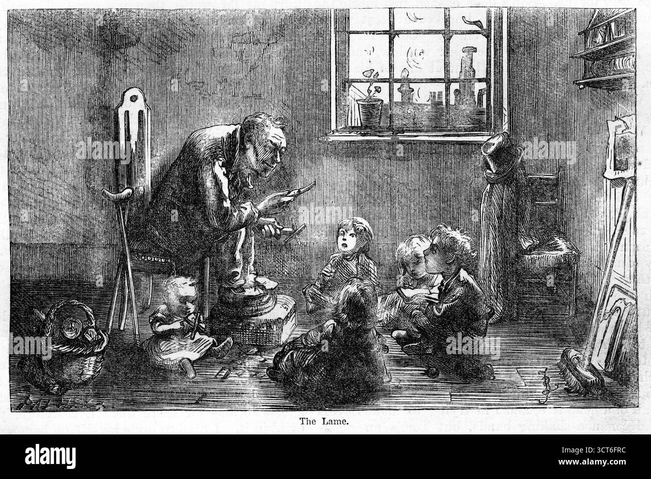 Engraving of a lame man entertaining his children by carving toys for ...