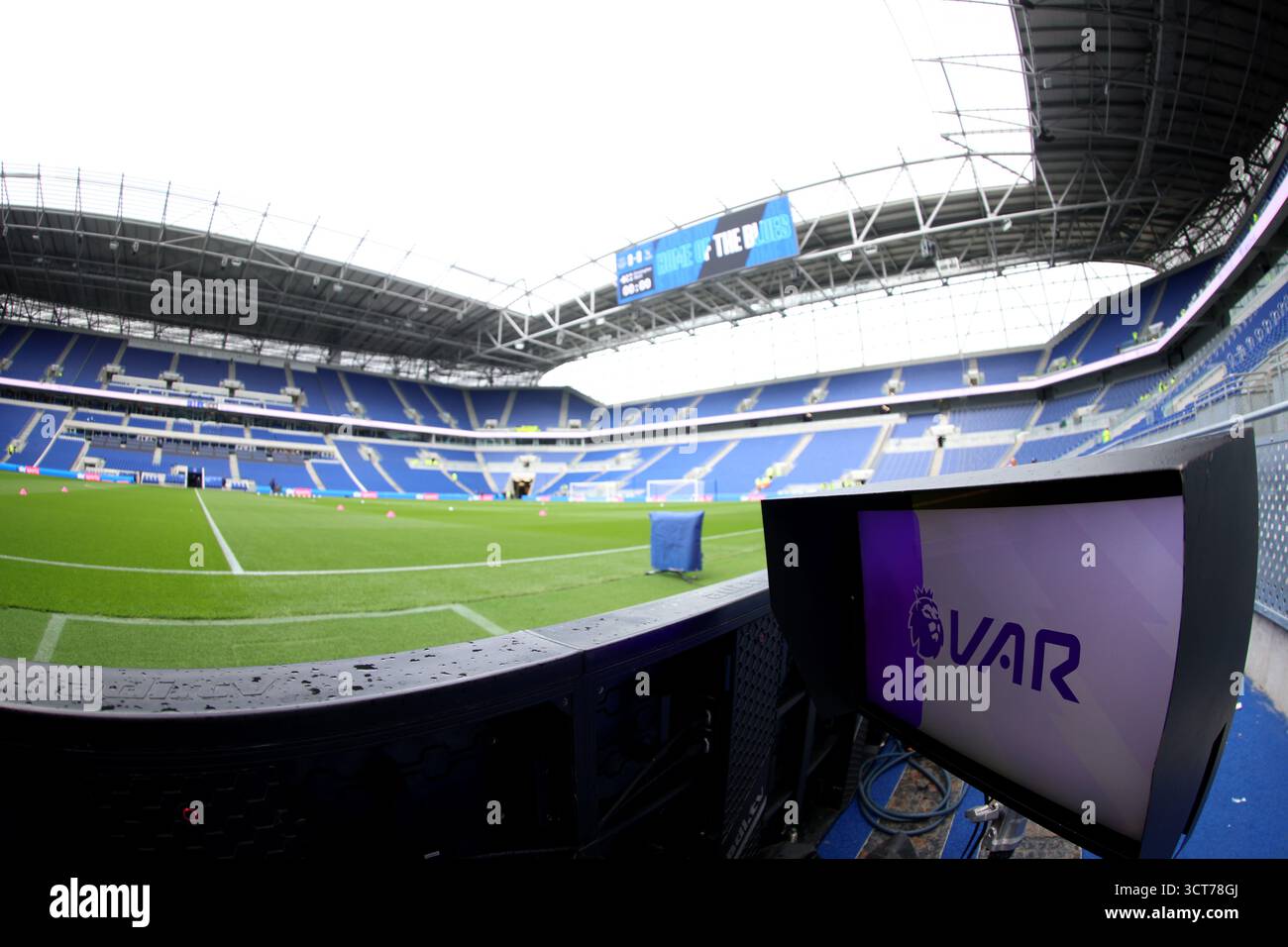 A view of the VAR screen pitch side inside the ground ahead of the ...