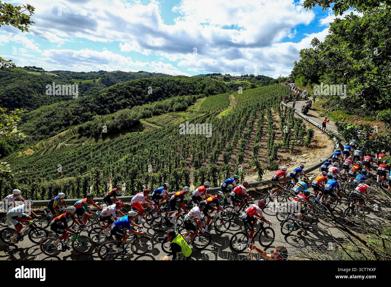 Drome Ardeche, France. 05th Oct, 2025. The pack of riders pictured in ...