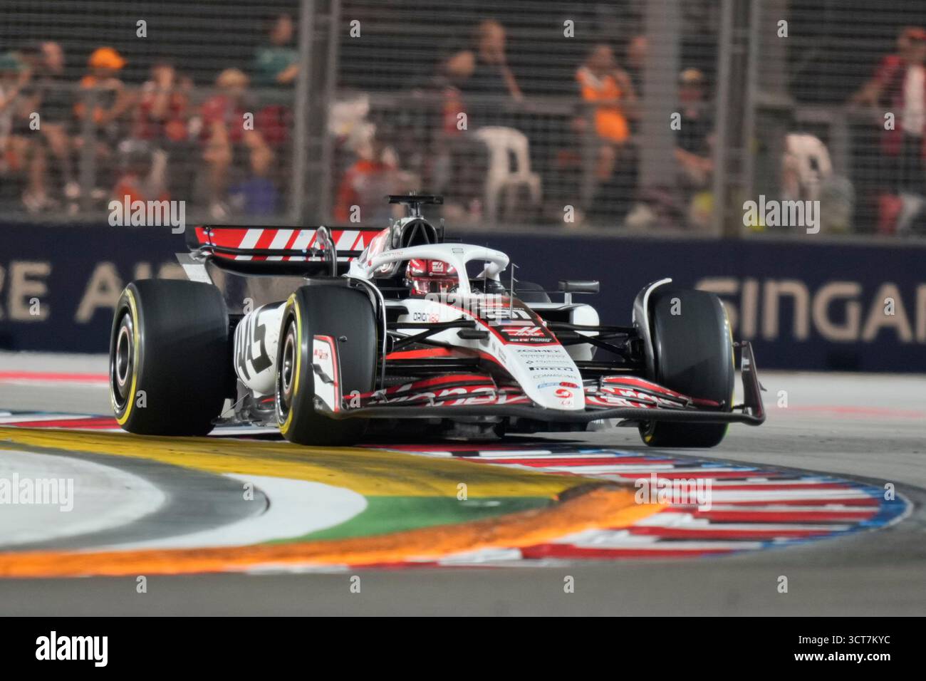 Haas driver Esteban Ocon of France steers his car during the Singapore ...