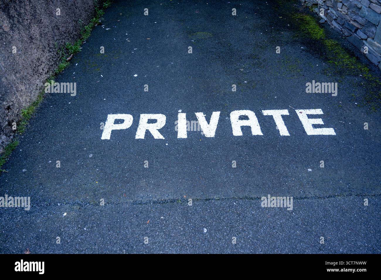 White “PRIVATE” lettering painted on a tarmac driveway or private road ...
