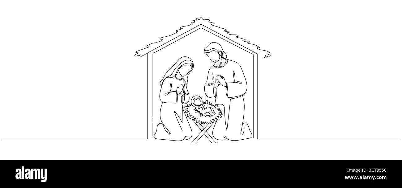 Continuous one line Christmas vector Christian nativity scene of baby ...