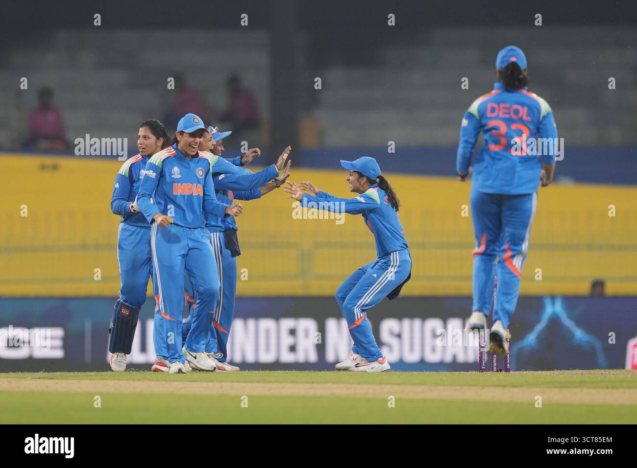 India's team members celebrate the wicket of Pakistan's Muneeba Ali ...