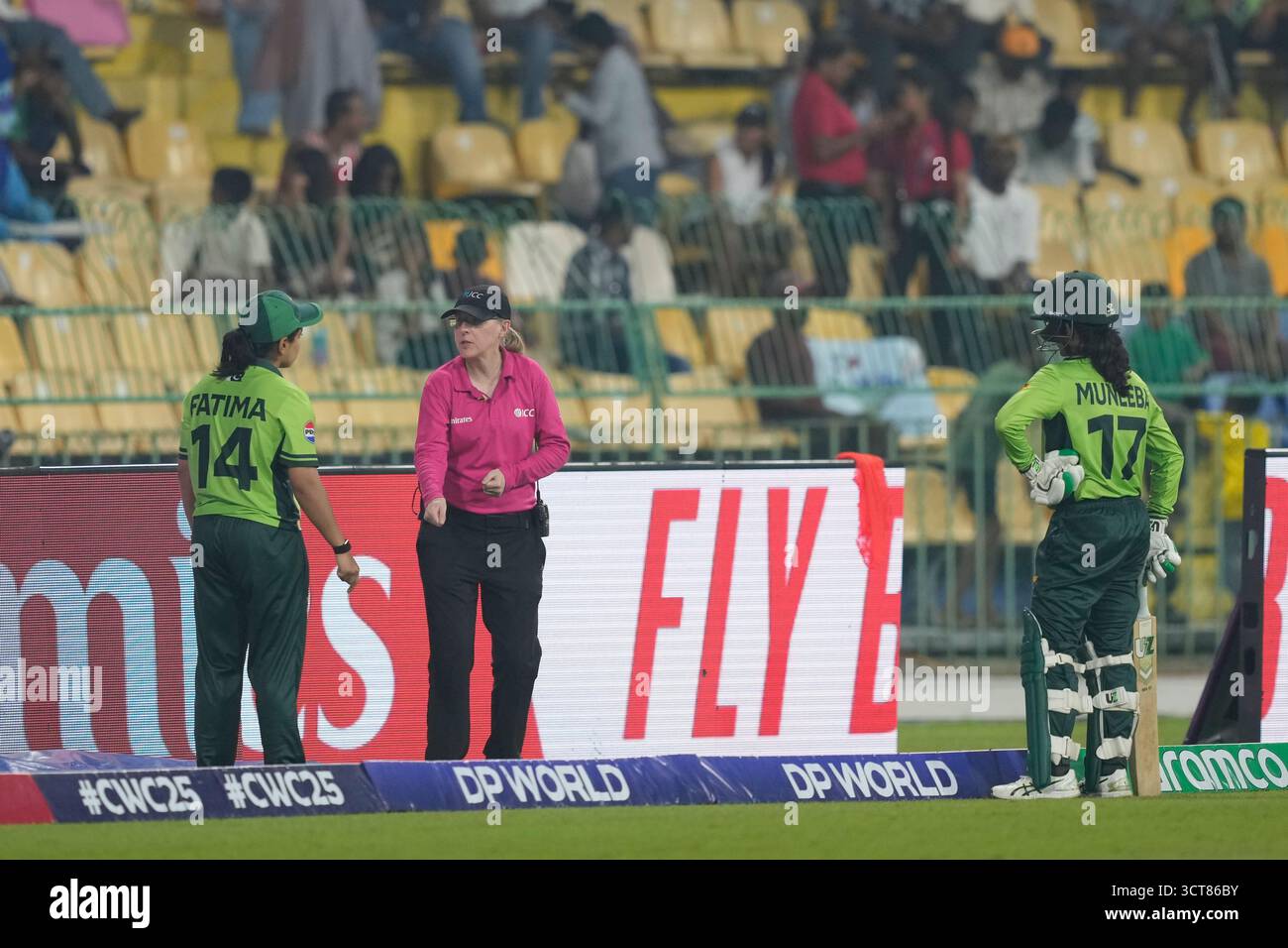 Pakistan's captain Fatima Sana, left, speaks to umpire about the ...