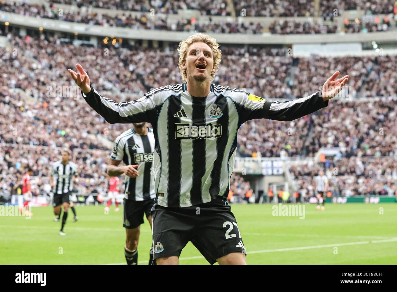 Nick Woltemade of Newcastle United celebrates his goal to make it 2-0 ...